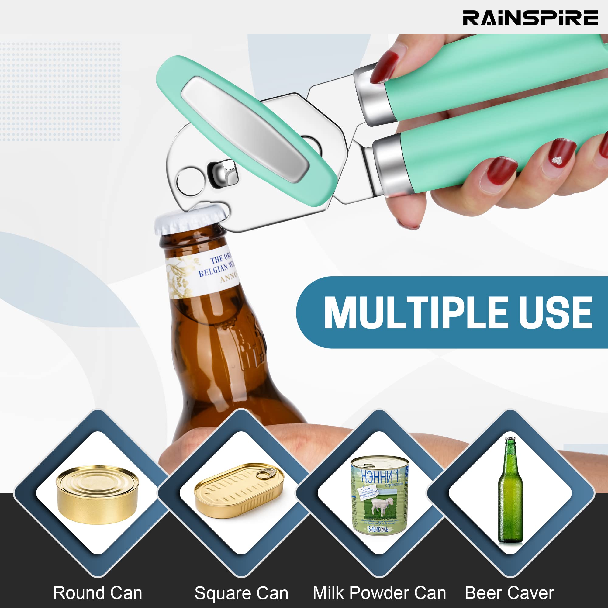 Rainspire Can Opener Manual Handheld Strong Manual Can Opener Smooth Edge Cut, Can Opener Heavy Duty, Comfortable Soft Handle, Built-in Bottle Opener, Mint Green