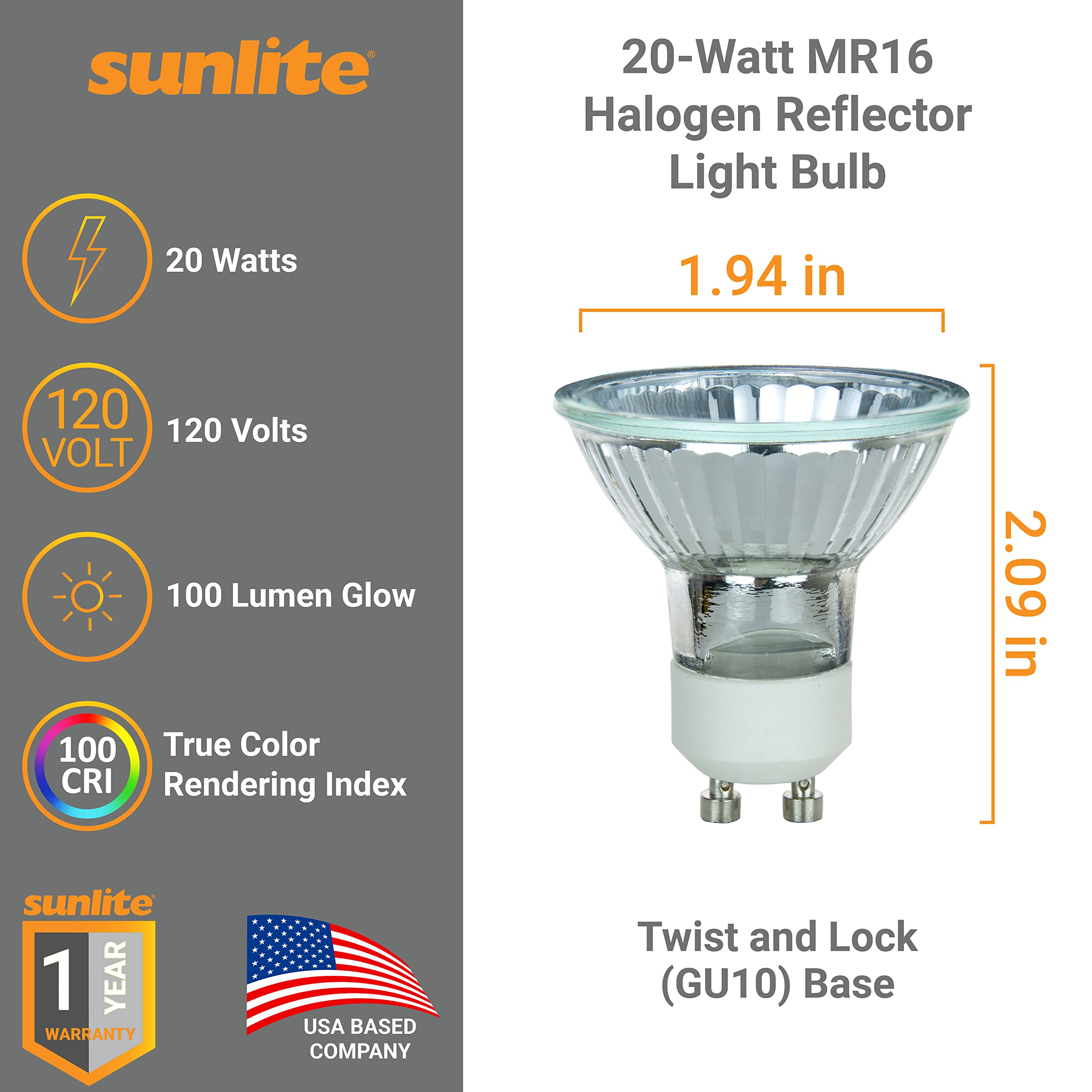 Sunlite 40722 MR16 Halogen Reflector Bulb, 20 Watt, 38° Flood, 120 Volt, 100 Lumens, 2000 Hour Life Span, Dimmable, GU10 Base, Open Cover, 3200, ANSI BAB, Ceiling Fixtures, Lanterns 6-Pack