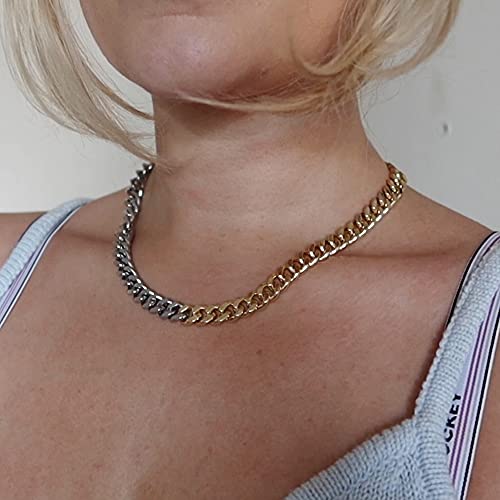 WOWORAMA Two Tone Gold Silver Cuban Link Necklace for Women Men 5mm Thick Chunky Curb Chain Choker Necklace, 18"