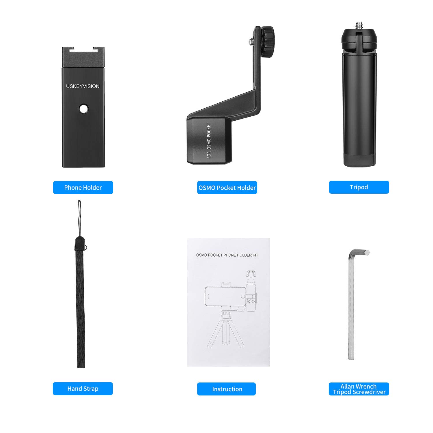 USKEYVISION Pocket Camera Mount Kit for DJI Osmo Pocket 2/1, Mount Combo for DJI Osmo Pocket 2/1 Smartphone Handheld Holder Clip w/Tripod Cold Shoe Thread Hand Strap (UVOP-A1)
