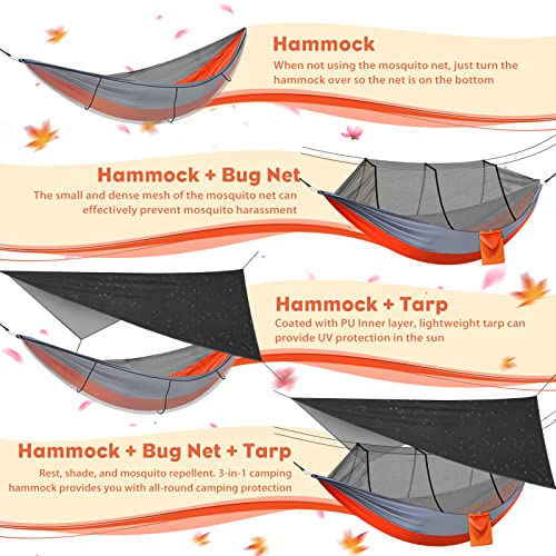 Sotech Camping Hammock with Bug Net and Rainfly, Waterproof Tree Hammock Tent 2 Person, Portable Hammock Set with Tree Straps for Indoor, Outdoor Hiking, Travel, Backpacking, Max Load 660lbs, Orange