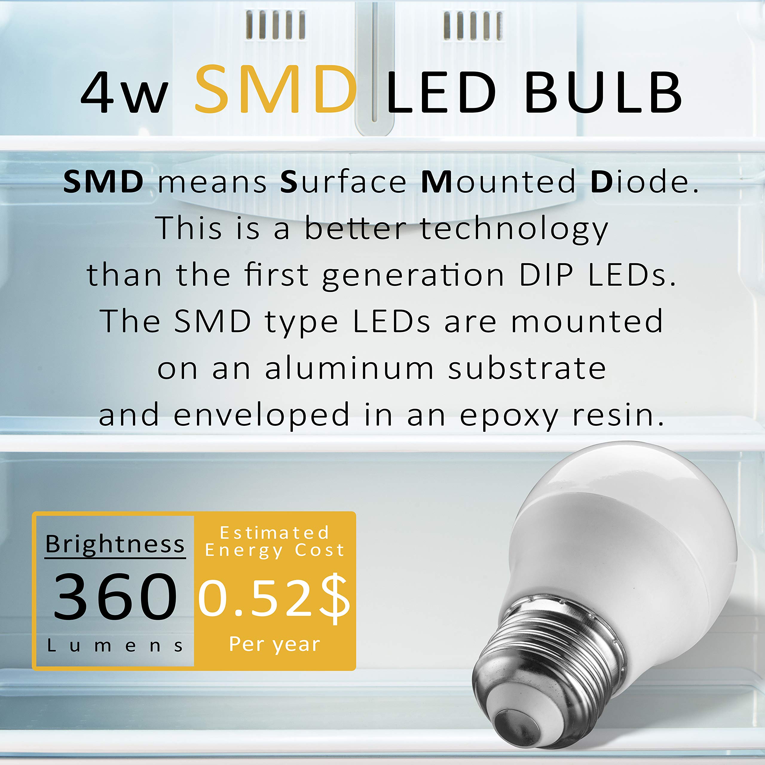 Refrigerator Light Bulb LED - SMD A15 4W 40Watt Equivalent - Waterproof E26 Base - 5000K Daylight White - 360 Lumen - Energy Saving β 4W Led Appliance Bulb - Replacement Bulbs - 2 Pack