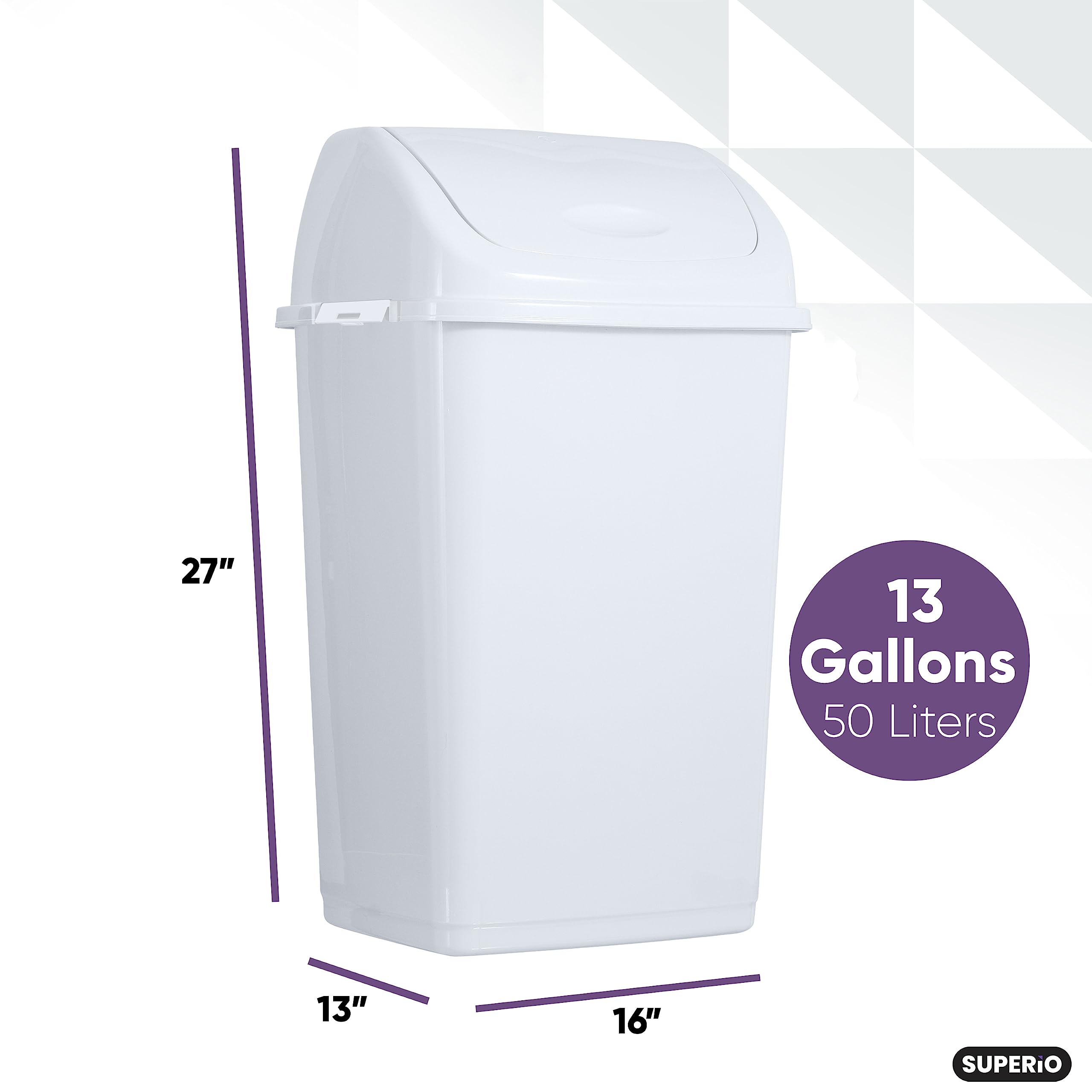 Superio Kitchen Trash Can 13 Gallon with Swing Lid, Plastic Tall Garbage Can Outdoor and Indoor, Large 52 Qt Recycle Bin and Waste Basket for Home, Office, Garage, Patio, Restaurant (White)