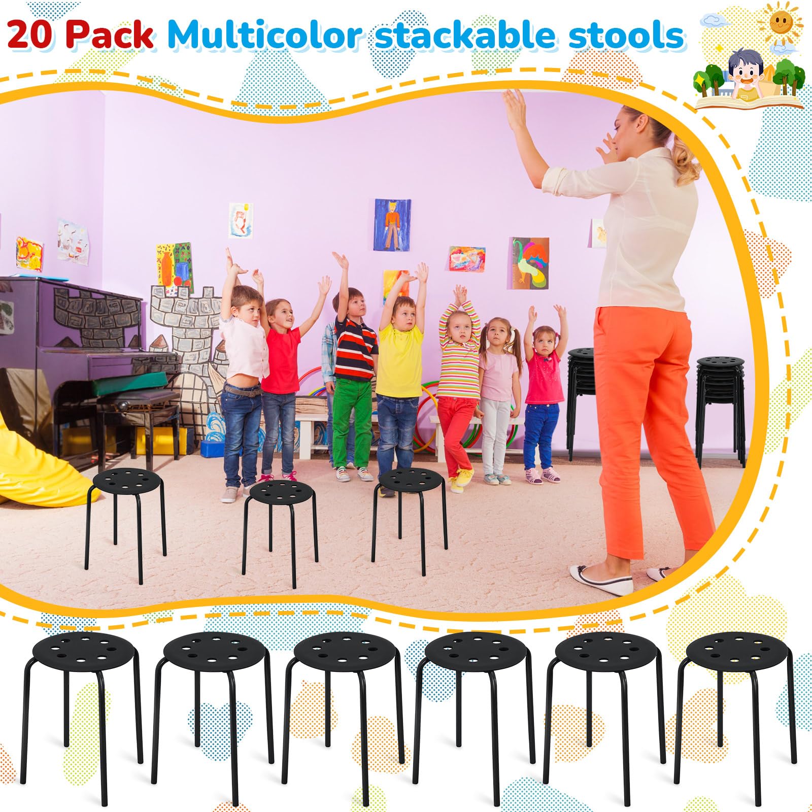 Thyle 20 Pcs Stacking Stools 17.5 Inch Kids Chair Plastic Metal Round Stacking Stool for Kids Adults Stackable Stools Flexible Seating Classroom Furniture for Home Office School (Black)