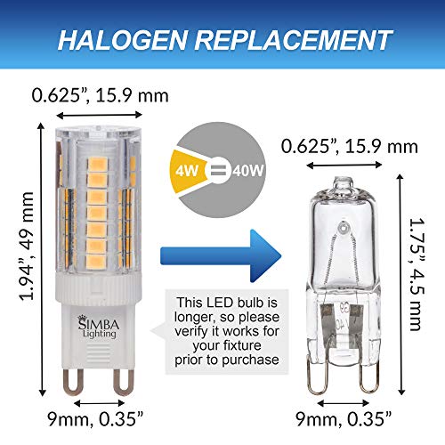 Simba Lighting G9 LED Light Bulb (5 Pack) 4W T4 40W Halogen Replacement for Pendants, Ceiling Lights, Desk Lamp, Wall Sconce, 120V JCD Bi-Pin Base Non-Dimmable, 3000K Soft White