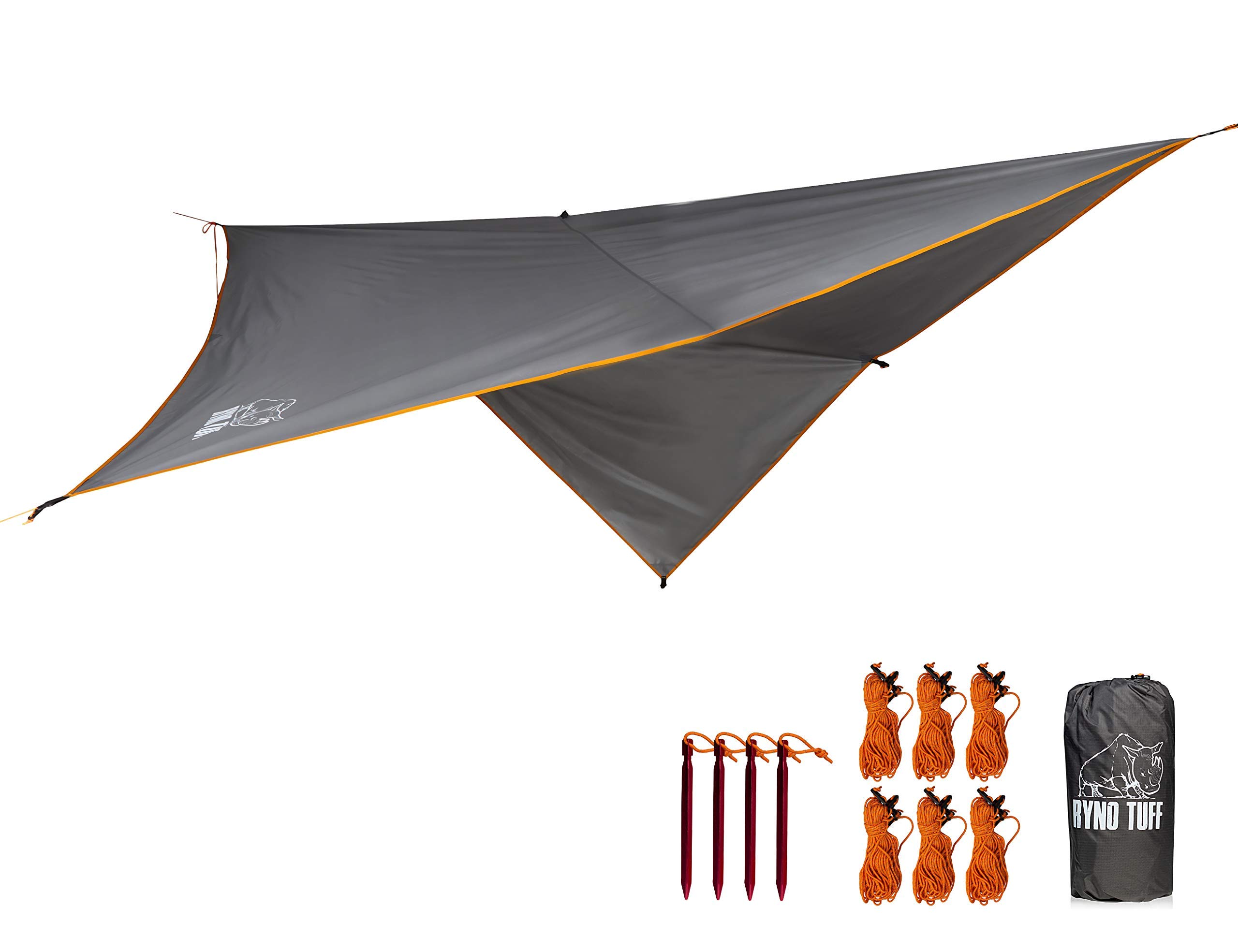 Ryno Tuff 10 X 10 ft Waterproof Hammock Rain Fly, Aluminum Ground Stakes & Guy Lines - Lightweight 3000MM Rated Sunshade Tarp for UV Protection While Outdoor Camping, Backpacking, Traveling & Hiking