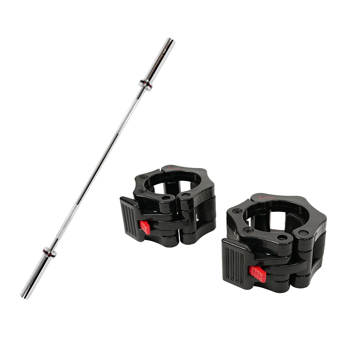 Sunny Health & Fitness OB-60 Olympic Bar, Medium/60" with Shark Clamp Lock Collars for Olympic Barbells