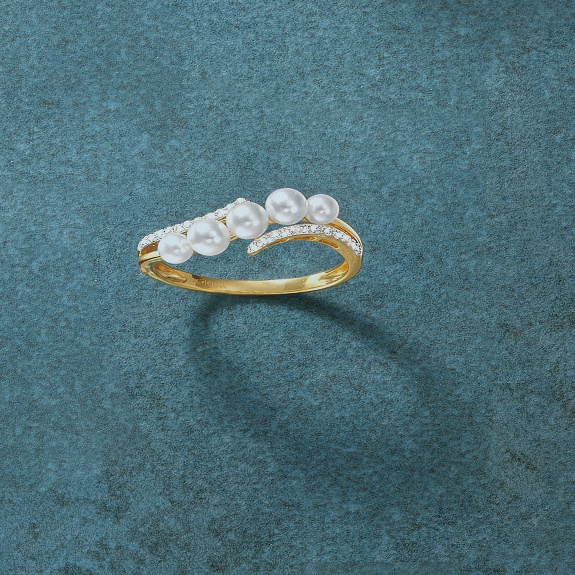 Ross-Simons 3-4mm Cultured Pearl and .10 ct. t.w. Diamond Wave Ring in 14kt Yellow Gold. Size 8