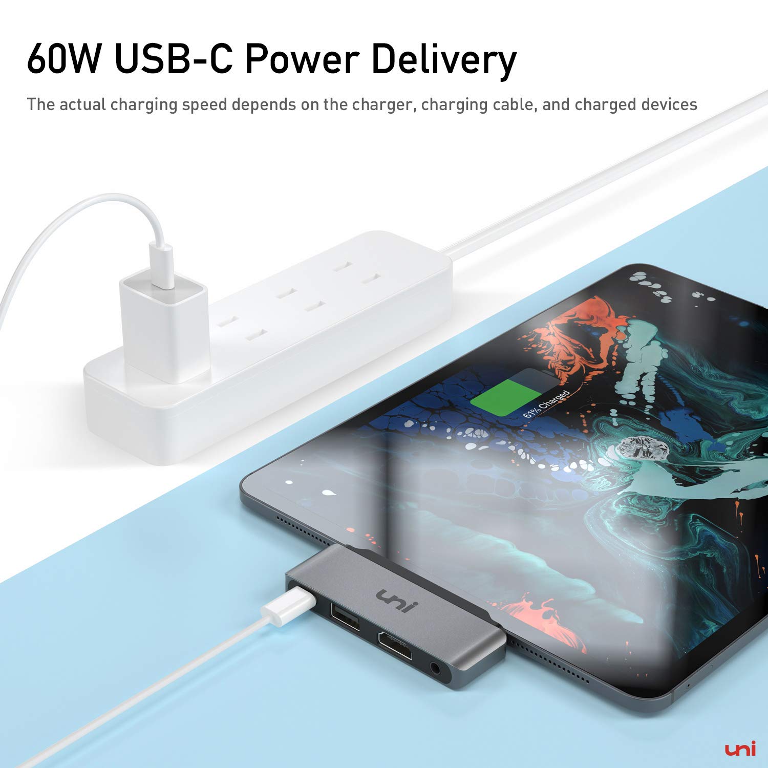 uni USB C Hub Adapter for iPad Pro 2021, Aluminum 4 in 1 Hub with 4K 60HZ HDMI, 3.5mm Headphone Jack, USB 2.0 and 3.0 60W PD. Compatible with iPad Air 2020, MacBook, XPS, Surface Book 2 and More