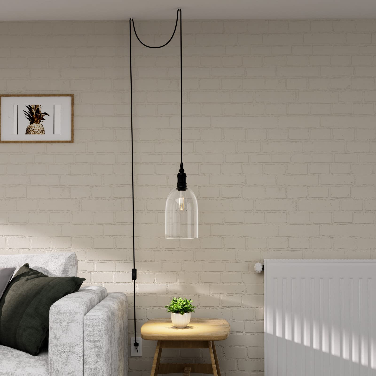 WINSOON Plug in Pendant Light, 15FT Cord On/Off Switch Hanging Light Modern Ceiling Lamp, Oval Clear Glass Shade for Kitchen Island Bedroom Living Dining Room