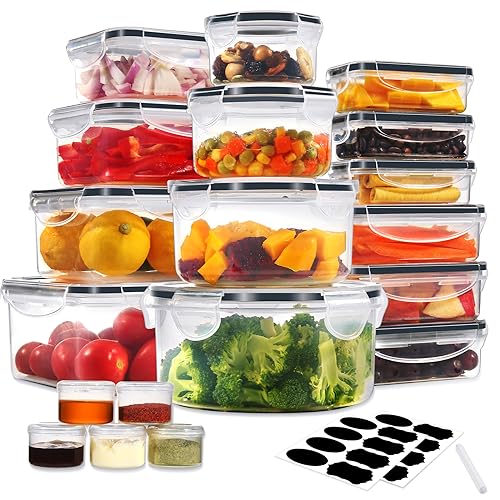 Tiastar 38PCS Food Storage Containers with Lids, Airtight Plastic Storage Containers, BPA Free &100% Leakproof Food Containers, Includes 16 Reusable Labels & 1 Marker