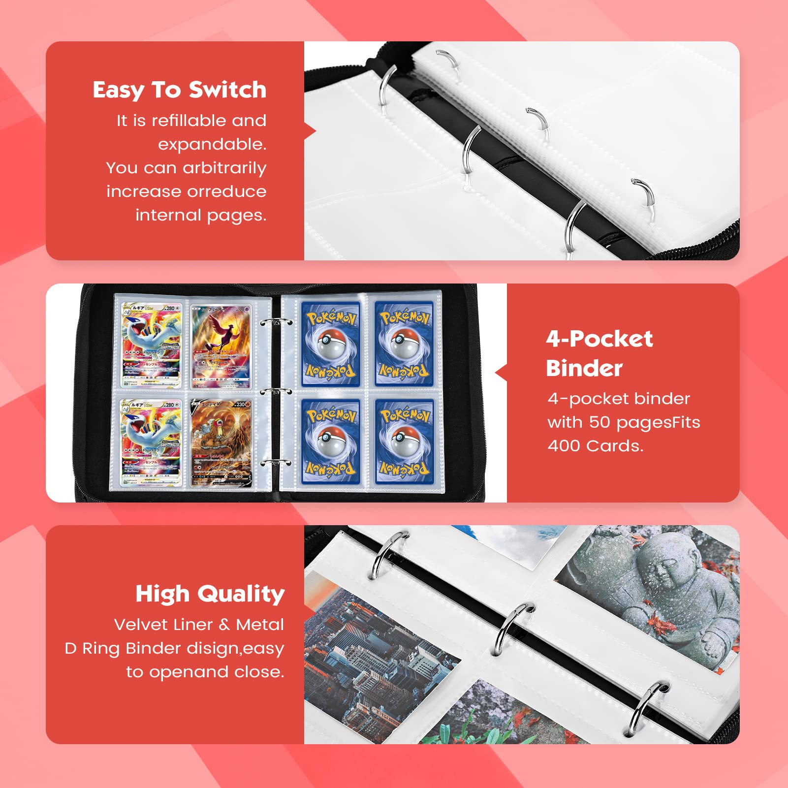 SHINYEVER Red 3-Ring Card Binder with 4 Pockets, 50 Removable Cards, and Quick Access Snap-On Lid