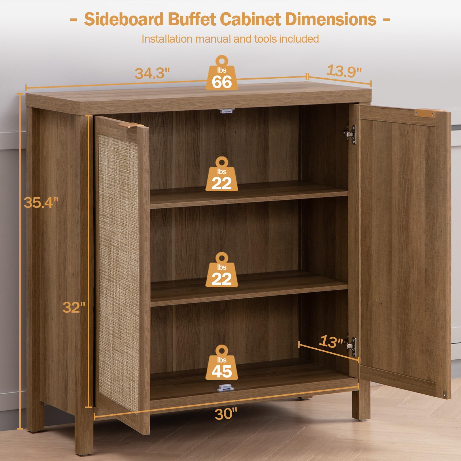SICOTAS Rattan Sideboard Buffet Credenza Cabinet - 2 Pieces Farmhouse Kitchen Coffee Bar Cabinet with Rattan Decorated Doors - Boho Chest Storage Buffet Cabinet - Oak