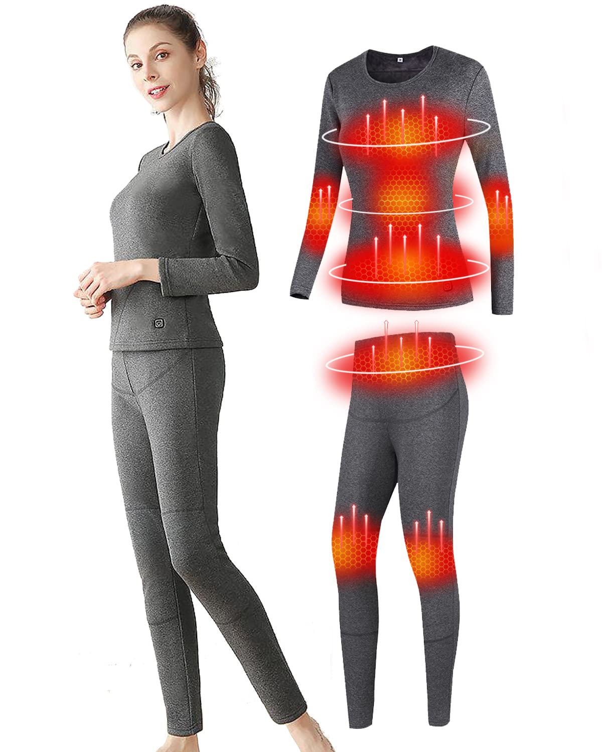 TRUNYAQI Women's Heated Thermal Underwear Set, USB Women's Electric Thermal Heated Long Johns Set, Leggings for Snow Women(Grey,Small)