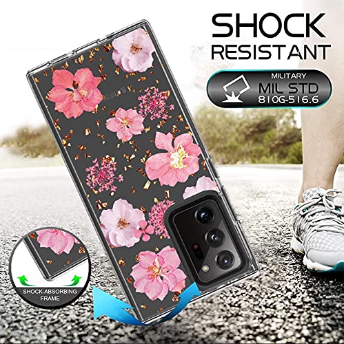 ShinyMax Galaxy Note 20 Ultra Clear Case with Floral Design,Samsung Note 20 Ultra Phone Case,Hybrid Dual Layer Armor Protective Cover Sturdy Anti-Scratch Shockproof Case for Women & Girls-Pink Flowers