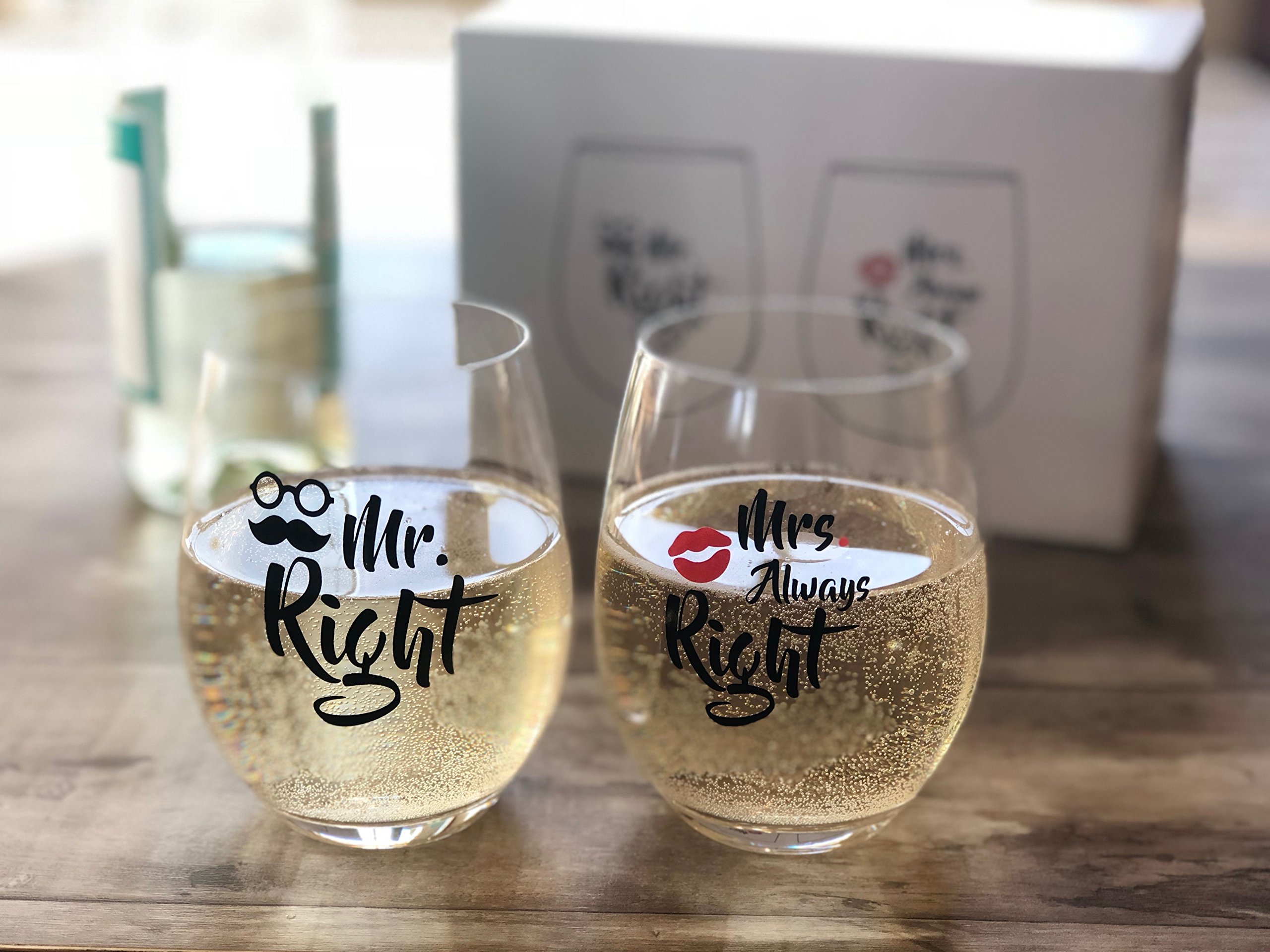 Vino O'clock Mr Right and Mrs Always Right Wine Glasses Gift Set For Bridal Shower, Married Couples, Weddings, Engagements, Newlyweds, Anniversary / 16oz