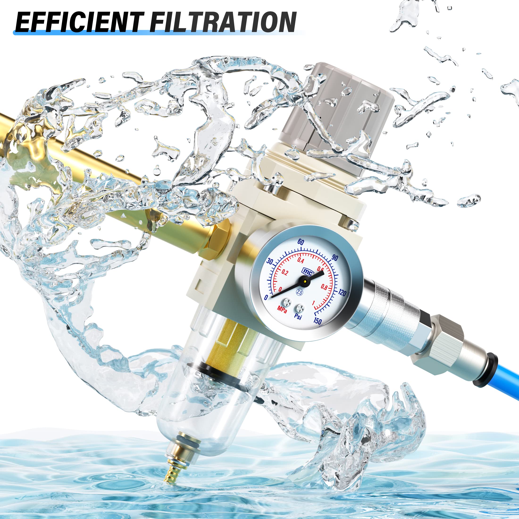 TAILONZ PNEUMATIC 1/4 Inch NPT Air Filter Pressure Regulator Combo Piggyback, Air Tool Compressor Filter with Gauge AW2000-02