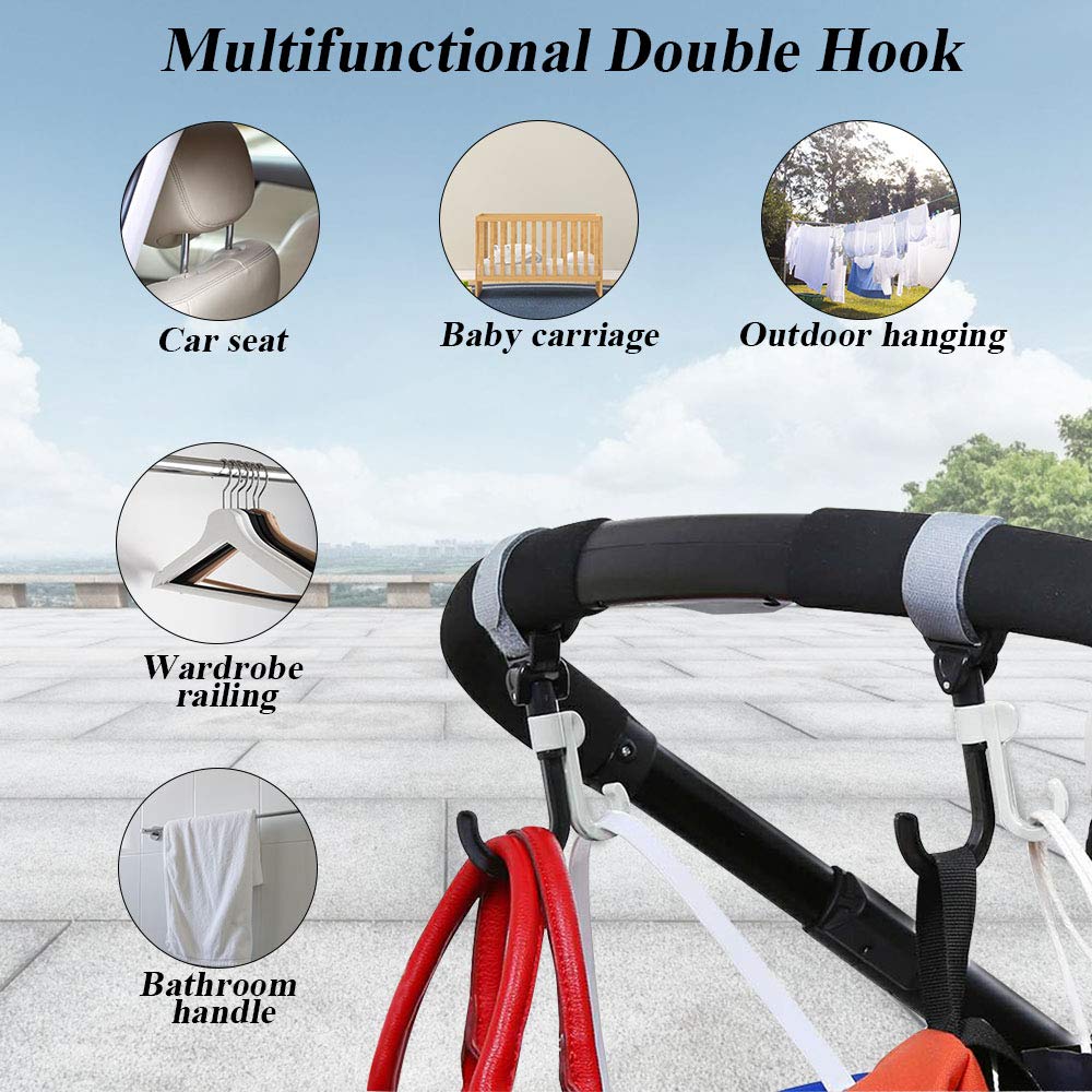 Stroller Hooks | 2 Pack of Multi Purpose Hooks | 360 Swivel Stroller Clips for Mommy, Perfect Stroller Accessories for Hanging Diaper Bags, Groceries, Clothing, Purse