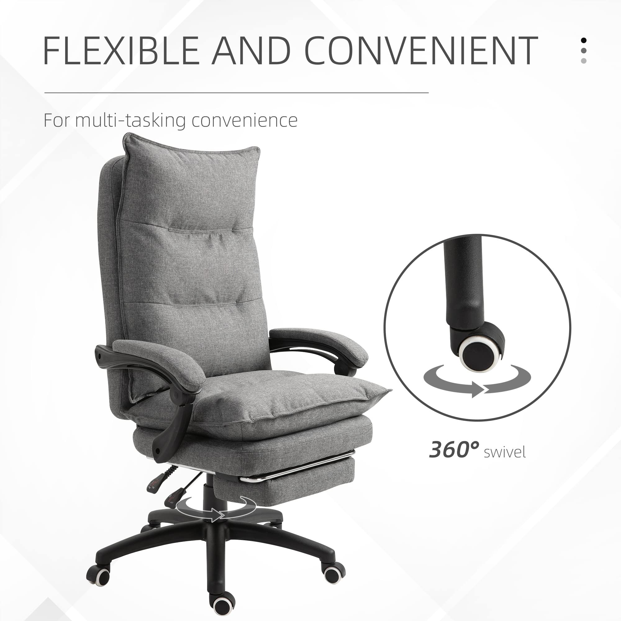 Vinsetto 360° Swivel Executive Home Office Chair Adjustable Height Linen Style Fabric Recliner with Retractable Footrest and Double Padding, Grey