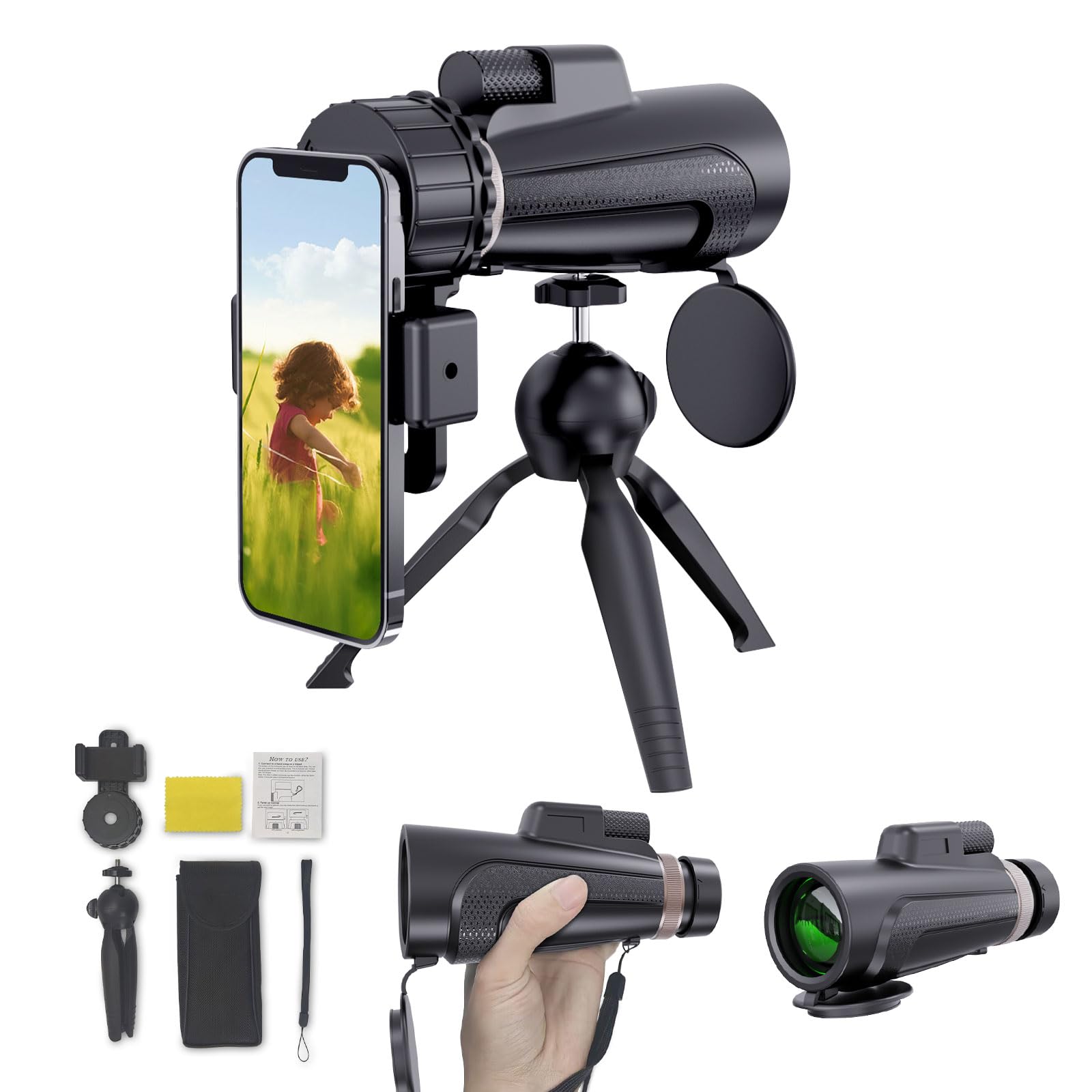 RYMLESS 12 x 50 High Power Monocular Smartphone Adapter and Tripod, Tote Bag - Perfect for Bird Watching, Hiking, Camping, Wildlife Watching(Black)