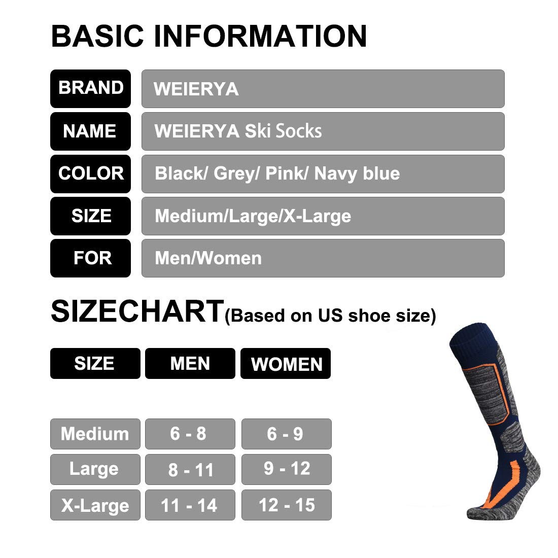 WEIERYA Ski Socks 2 Pairs Pack Performance Skiing Socks, Snowboard Socks (Navy blue 2 Pairs, Large)