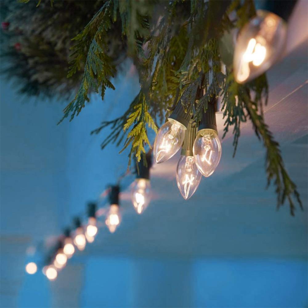 SUNSGNE 25 Pack C7 Clear Replacement Bulbs Christmas Light Bulbs, Outdoor Patio String Light Bulbs, C7 Night Light Replacement Bulbs, E12/C7 Candelabra Base, 5 Watt- Clear