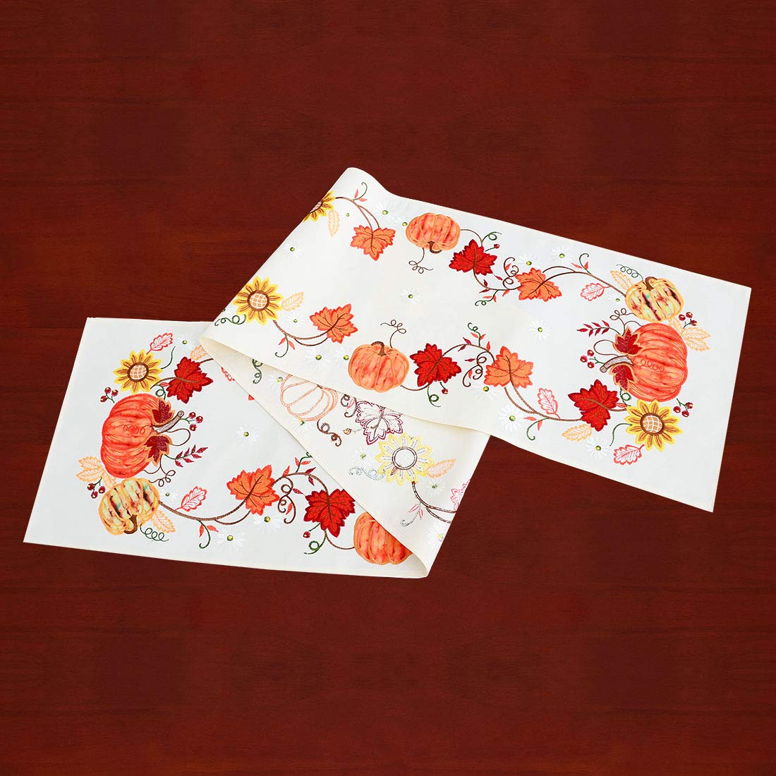 Simhomsen Fall or Autumn Harvest Table Runner for Thanksgiving, Appliqued Pumpkins, Sunflowers and Maple Leaves (14 × 70 inch)