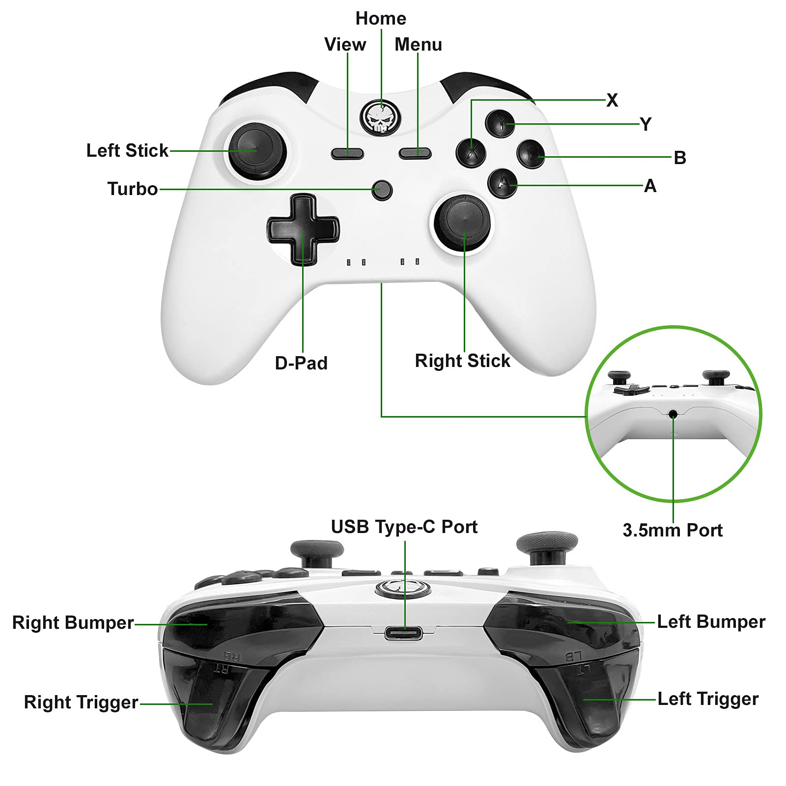Wired Controller for Xbox One, Xbox Series X|S, PC with Audio Jack & Turbo Function (6FT) - White