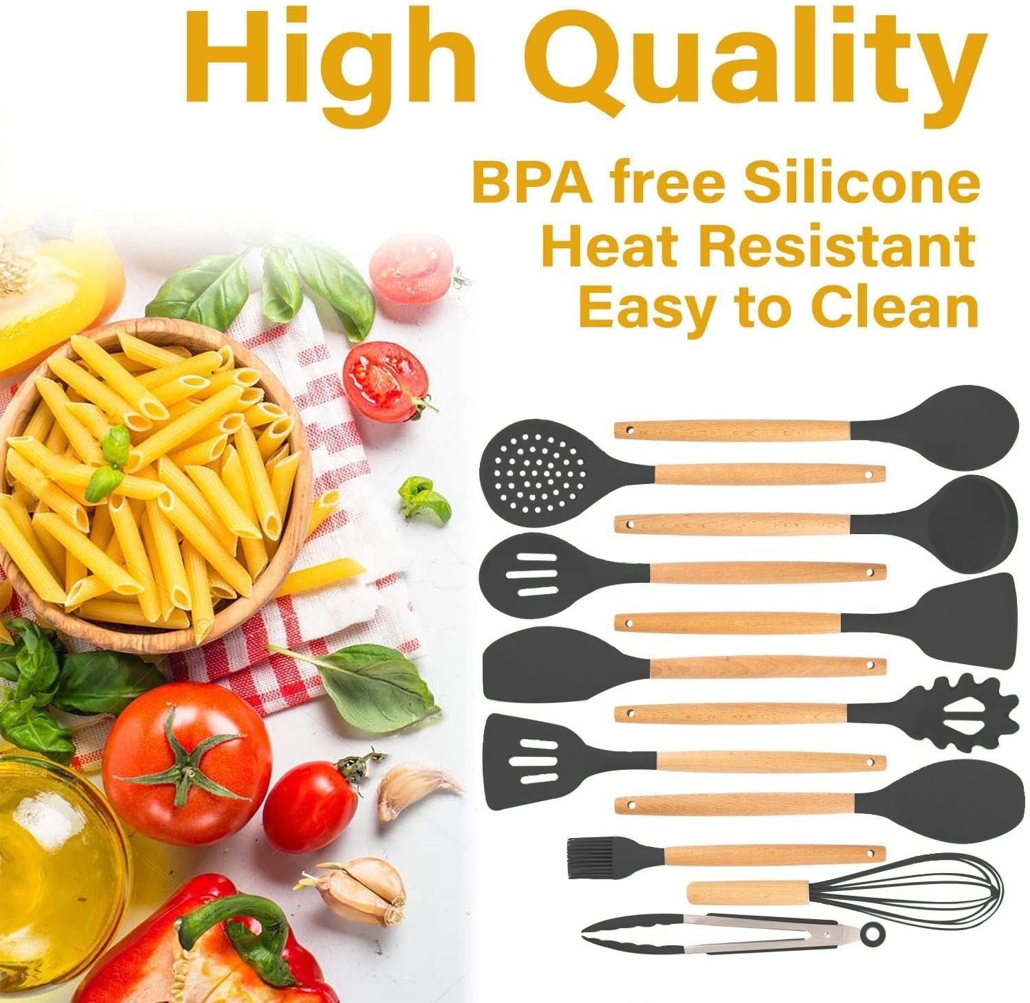 Silicone Cooking Kitchen Utensils Set with Holder. 13 Pc Black Cooking Utensils Set - Heat-Resistant Wooden Handles. BPA free Silicone. Non-stick Cookware