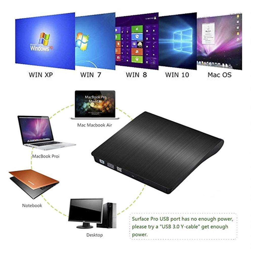 Spmywin External DVD Drive for Laptop, USB 3.0 +/-RW Burner Writer Reader Rewriter, Portable Optical Drive Compatible with Macbook, Desktop, Windows 7/8/10/XP/Vista/Mac(Black)