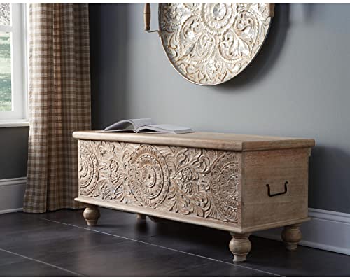 Signature Design by Ashley Fossile Ridge Boho Carved Wood Storage Bench with Hinge Top, Beige
