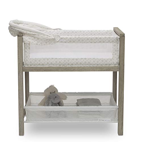Simmons Kids Farmhouse 2-in-1 Wood Bedside Bassinet Sleeper and Changer - Portable Crib and Changing Table with High-End Wood Frame, Royal Charms