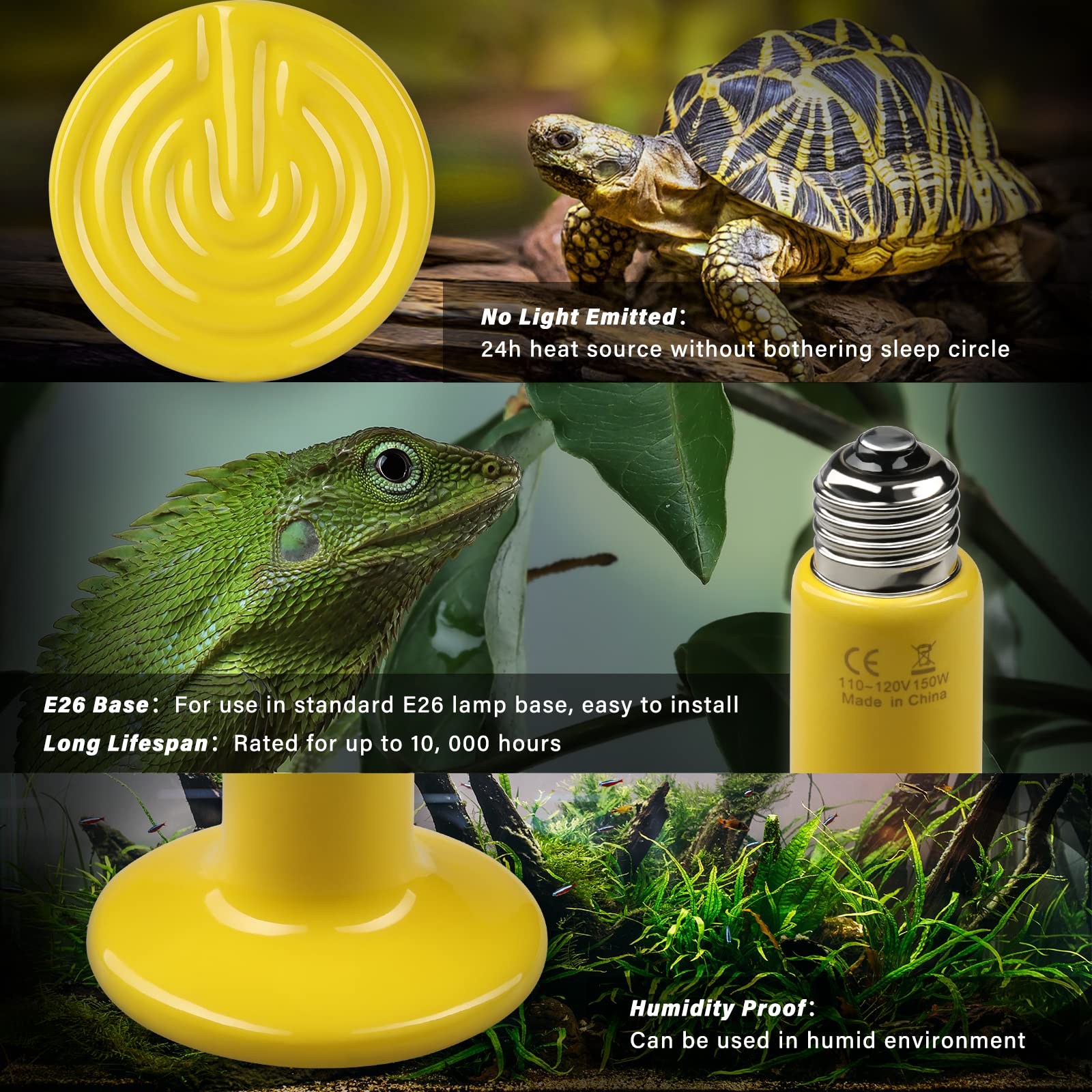 Simple Deluxe Ceramic Heat Emitter Heating Bulb No Light Reptile Heat Lamp, Brooder Coop Heater for Terrarium Amphibian Pet Snake Turtle, Incubating Chicken, 150W, 2 Pack, Yellow