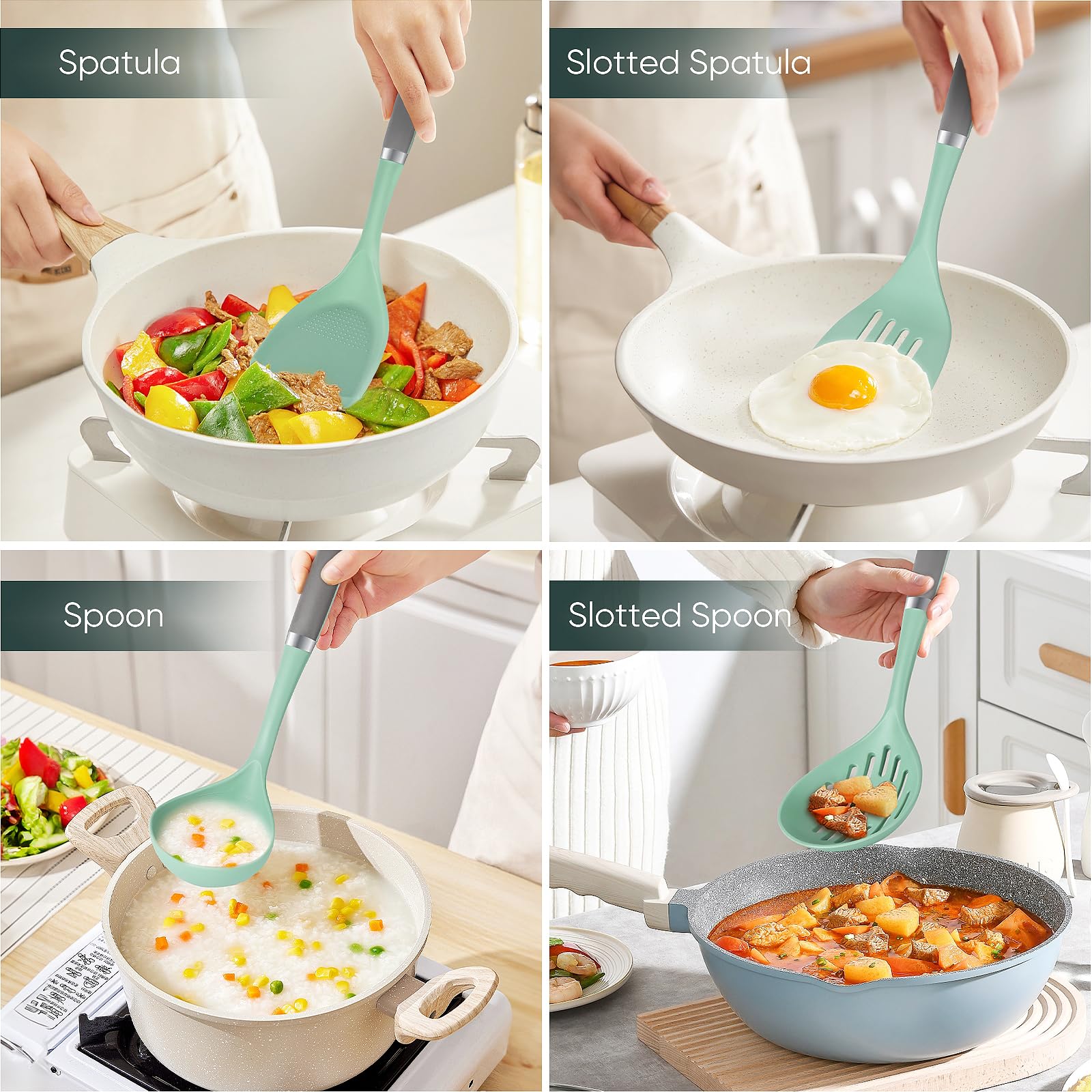 Silicone Cooking Utensils Set,4pcs Large Heat Resistant Kitchen Utensils Set Spatula,Kitchen Utensil Gadgets Tools Set for Nonstick Cookware,Dishwasher Safe (BPA Free)