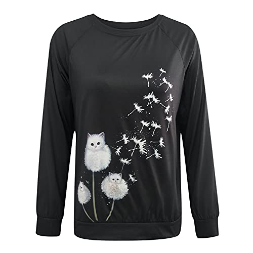 Wirziis Cute Crewneck Sweatshirt for Women, Casual Long Sleeve Loose Sweater Tops Trendy Pattern Fall Hoodies for Cat Lover
