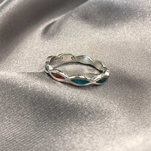 Southwestern Style Oval Turquoise and Coral Gemstone 4mm 925 Sterling Silver Infinity Band Ring for Women Size 8