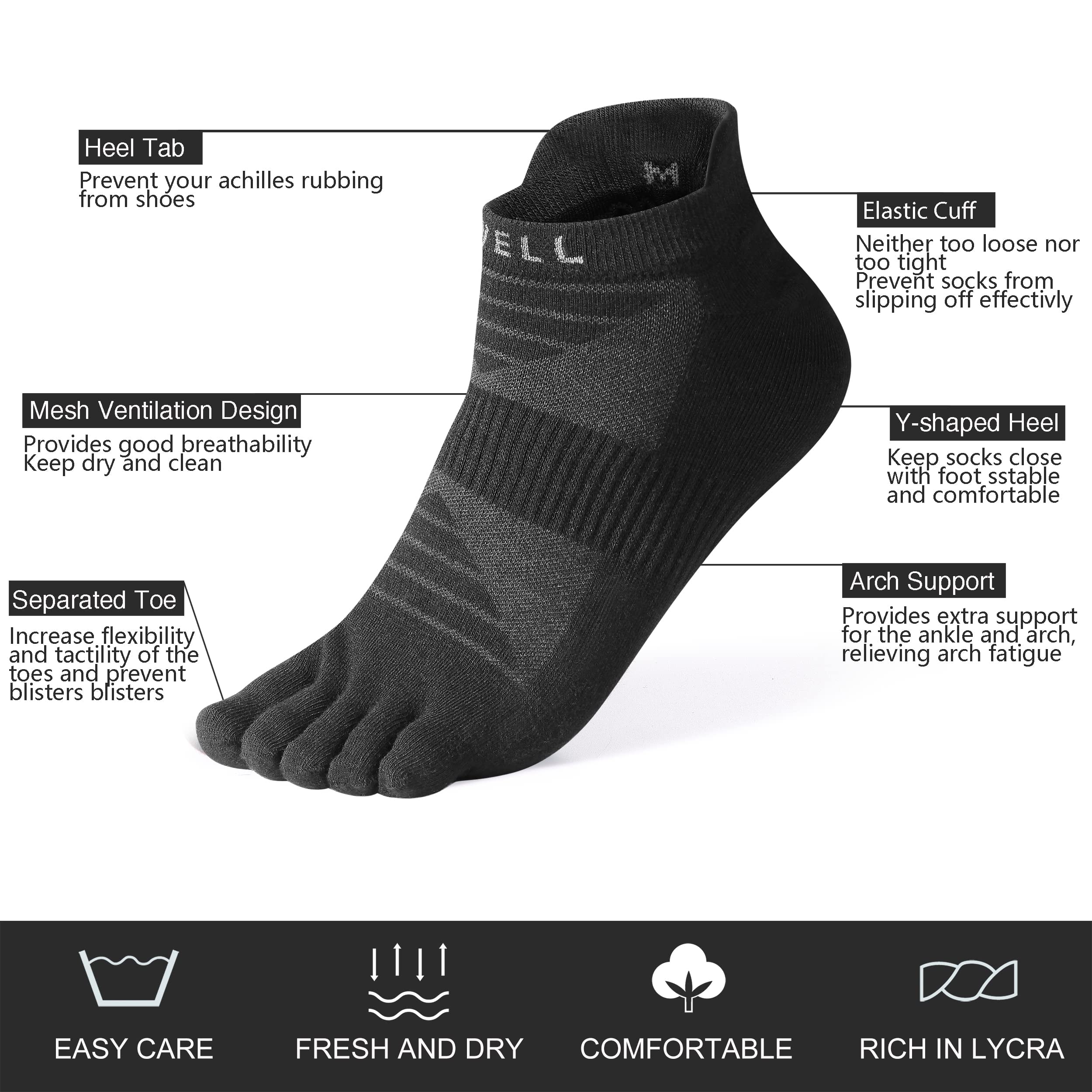 VWELL Toe Socks for Men Women Coolmax Five Socks, High Performance Finger Ankle Running 5 3 Pairs, Black, 7-10