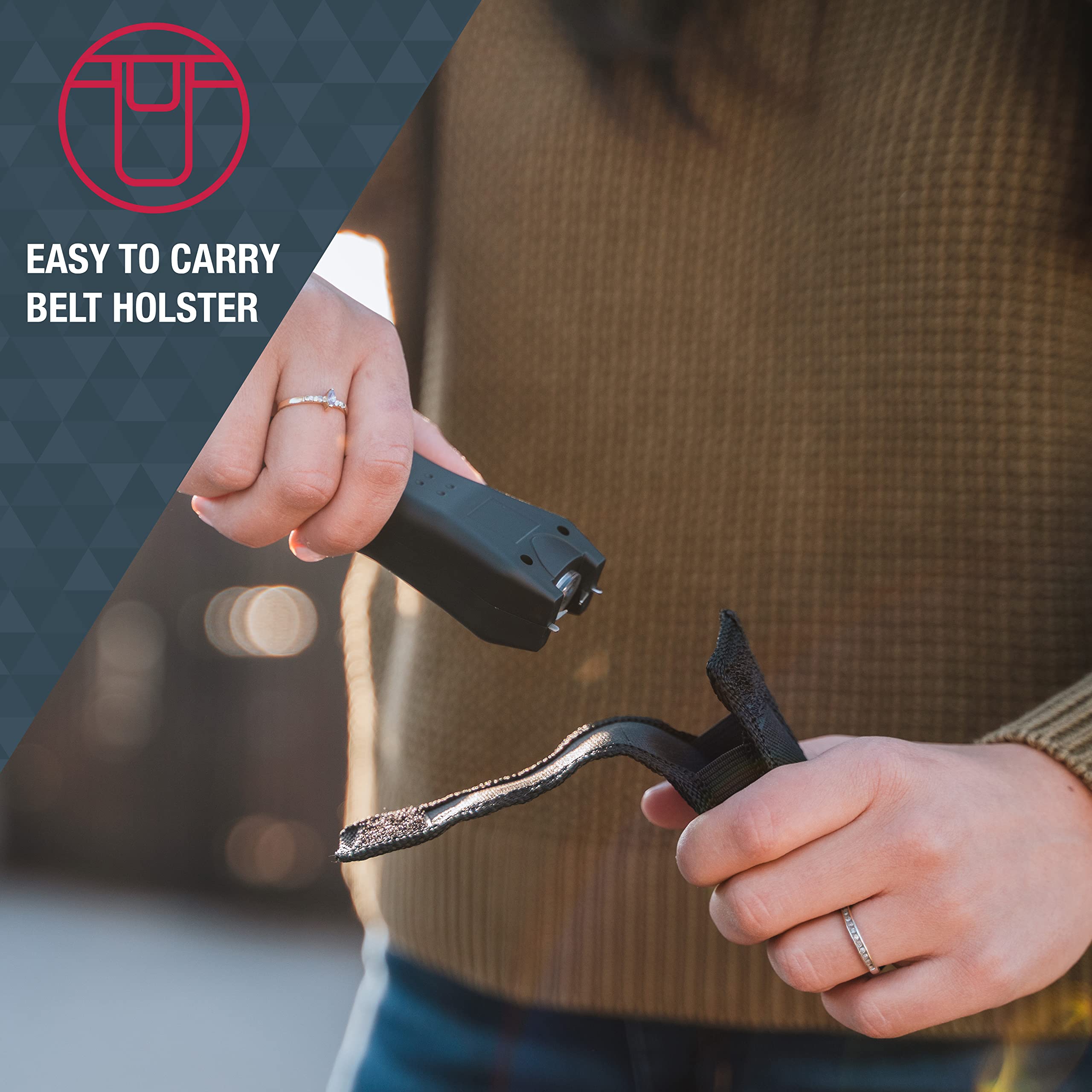 SABRE Stun Gun with Flashlight and Belt Holster, Emits 1.60 Powerful Pain Inducing Microcoulombs (µC) Charge, 120 Lumen LED Flashlight, Rubberized Grip, Compact Design, Rechargeable