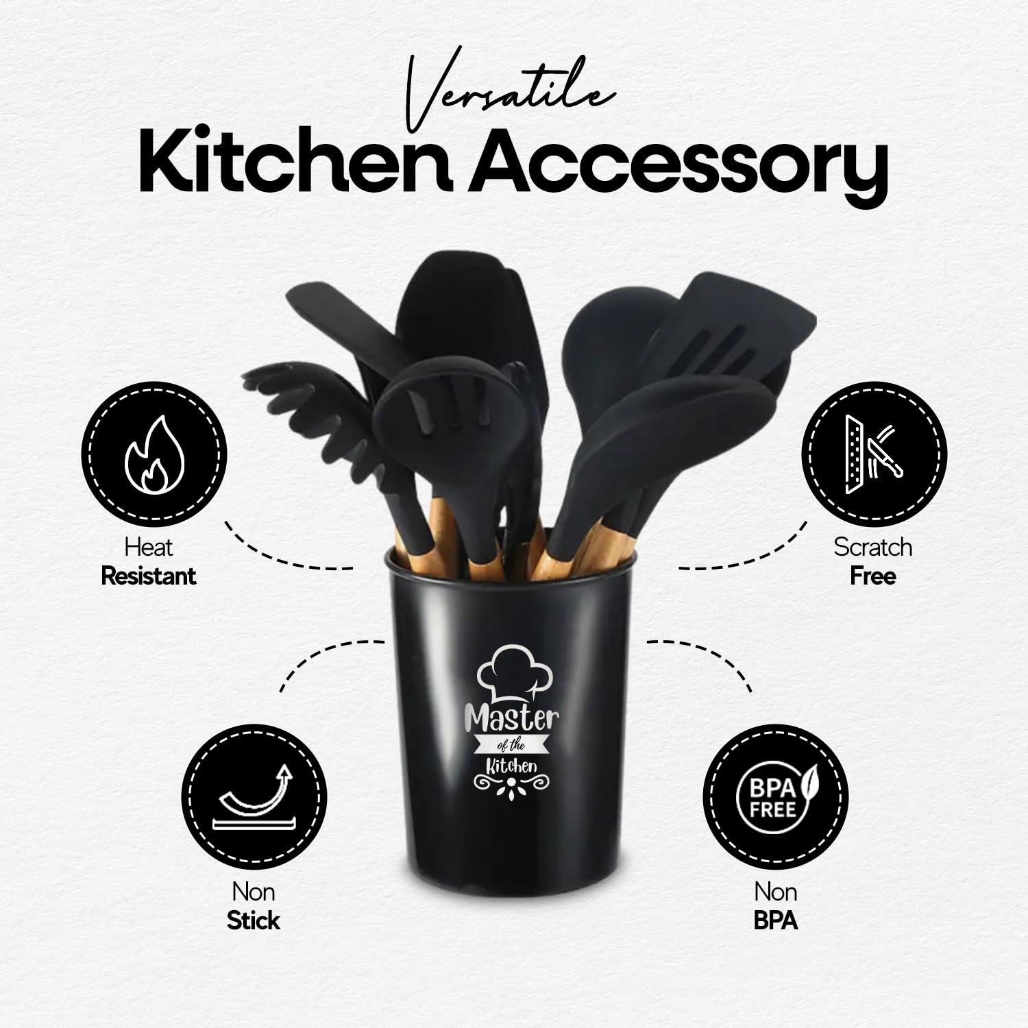 Silicone Cooking Set, 12 pcs Kitchen Utensils Set, Wooden Handle, Bucket Storage, High-Temperature Resistance, Scratch-Free, Cooking Spoons for Nonstick, Best Kitchen Tools, 1st Apartment Kitchen
