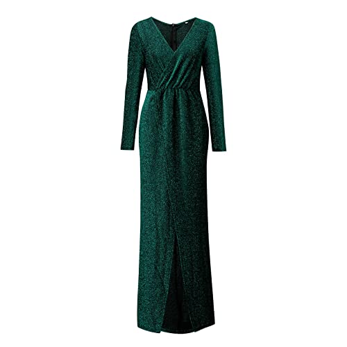 Women Glitter Maxi Dress Long Sleeve High Waist Wrap V-Neck Split Zipper Elegant Evening Dress Green