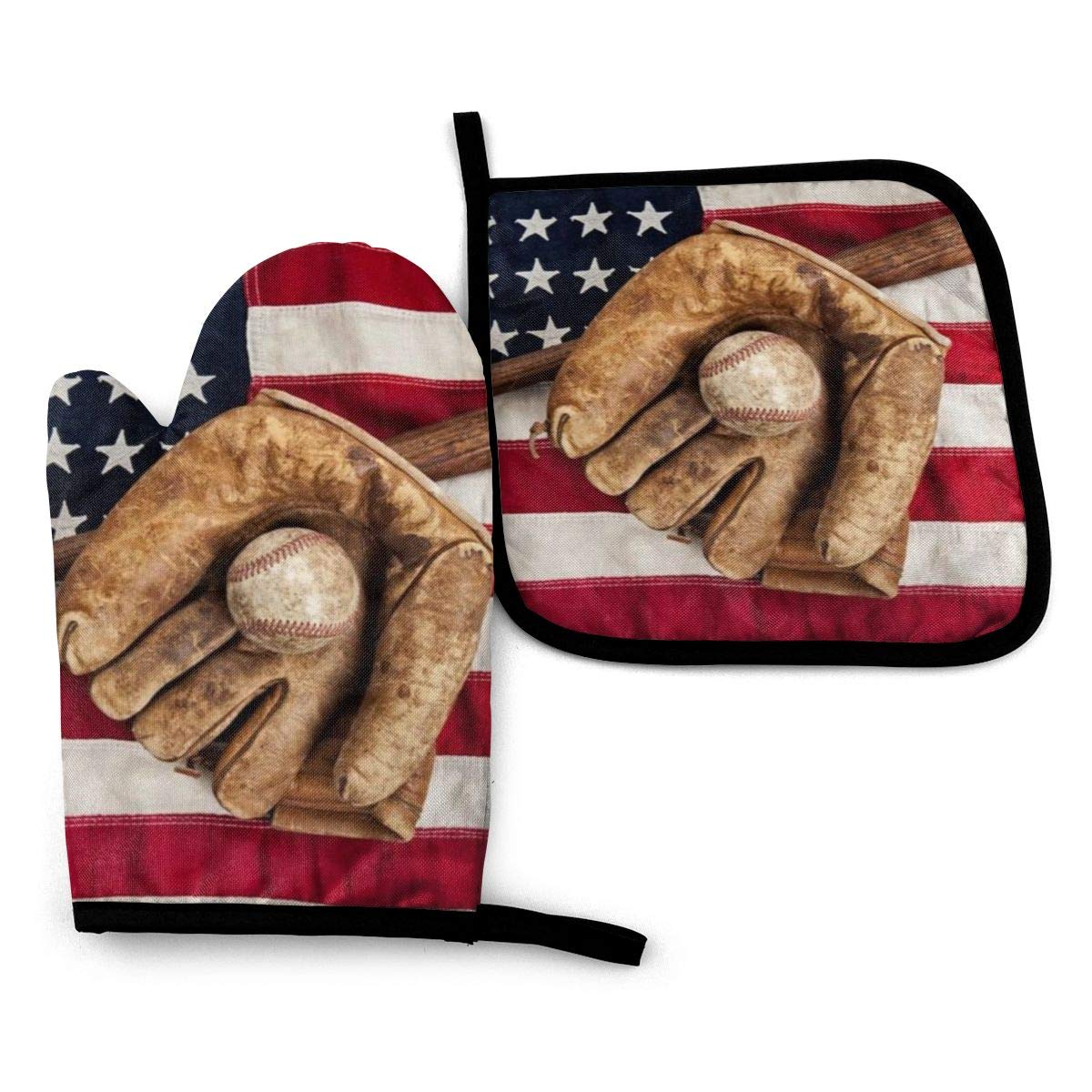 Vintage Baseball with USA American Flag Oven Mitts and Pot Holders Sets Heat Resistant Kitchen Oven Gloves Mats for Holiday Cooking Baking BBQ