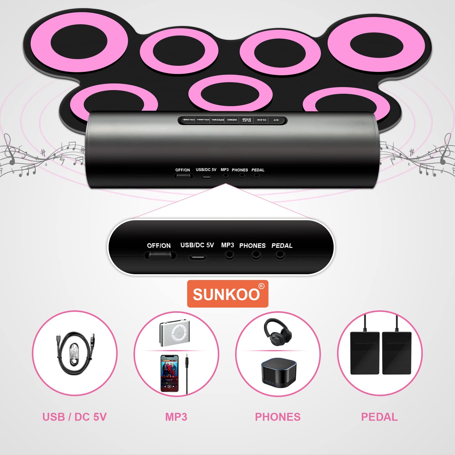 SUNKOO Electronic Drum Set for Kids, Adult Beginner Pro MIDI Drum Kit, Roll Up Practice Pad Kit with Headphone Jack, Built-in Speaker, Drum Pedals, Drum Sticks, Great Holiday Birthday Gift for Kids