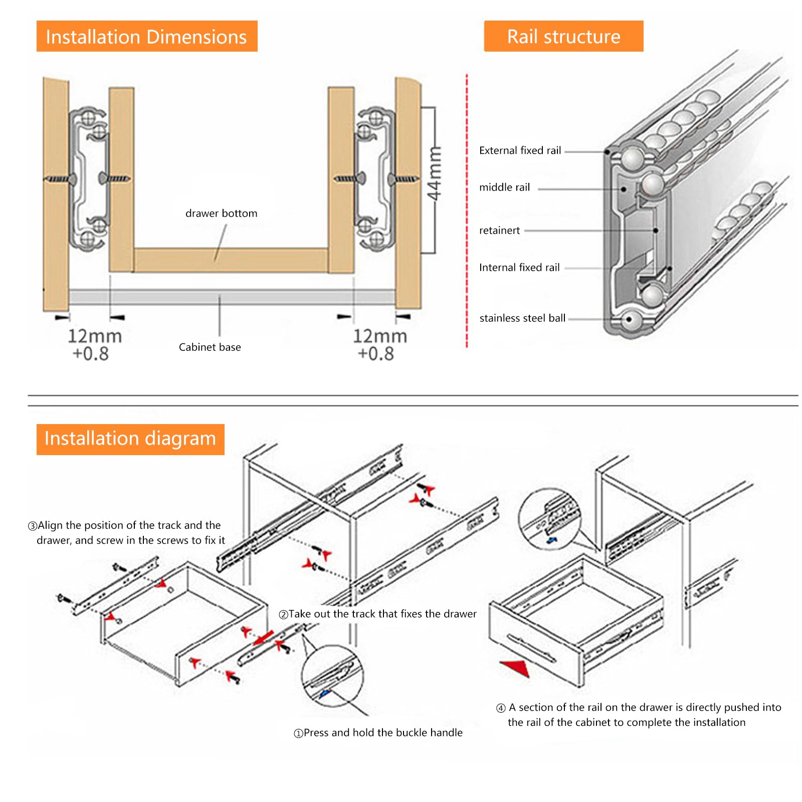 RustyVioum 44 Inch Heavy-Duty Drawer Slides, 3-Fold 1 Pair Heavy Duty 500 lbs Drawer Slides, Heavy-Duty Ball Bearing Full Extension with Lock Easy Install, Silver