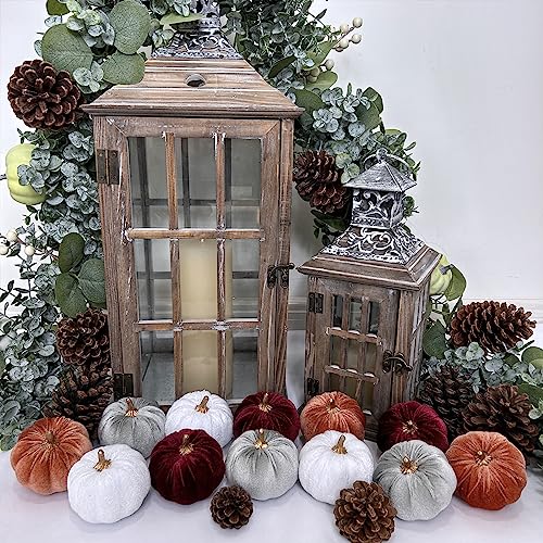 Winlyn 12 Pcs Assorted Small Faux Rustic Velvet Pumpkins Decorative Fabric Pumpkins Foam Pumpkins in Burgundy Bronze Gray White 3" for Fall Wedding Halloween Thanksgiving Table Centerpiece Décor