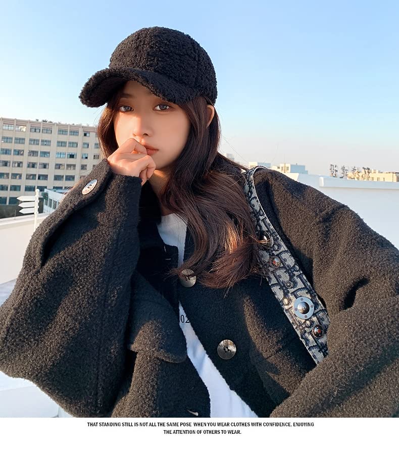 Women Men Winter-Warm Baseball Caps Faux-Lamb-Wool Teddy-Fleece Baseball Hats Adjustable Outdoor Cap (M, Black)