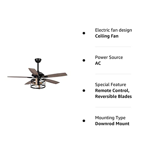 Parrot Uncle Ceiling Fans with Lights and Remote Farmhouse Ceiling Fan with Light 52 Inch Black Outdoor Ceiling Fans for Patios Covered, Reversible Motor