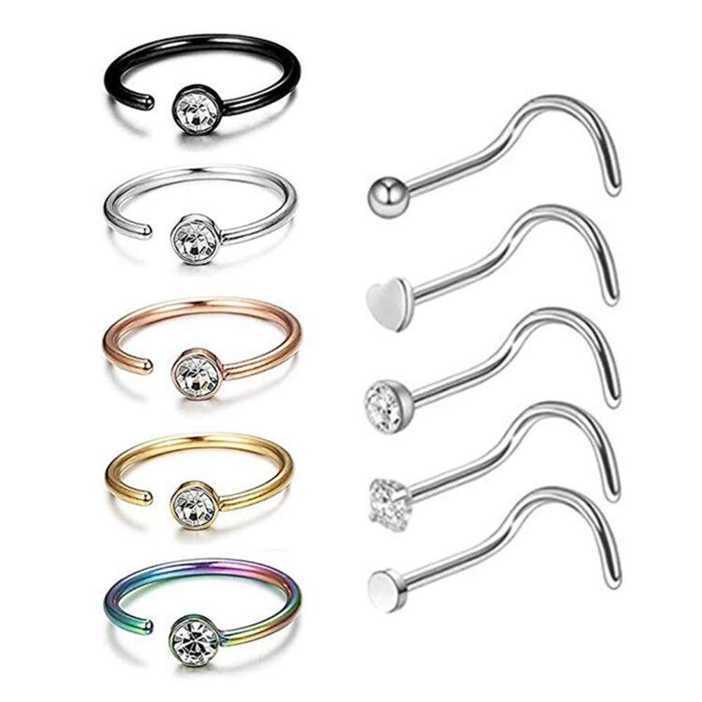 VIEEL 10PCS Surgical Steel C-Shaped Nose Ring L-Shaped Hoop Tragus Nose Studs Body Jewelry Piercing Nose Rings Hoop