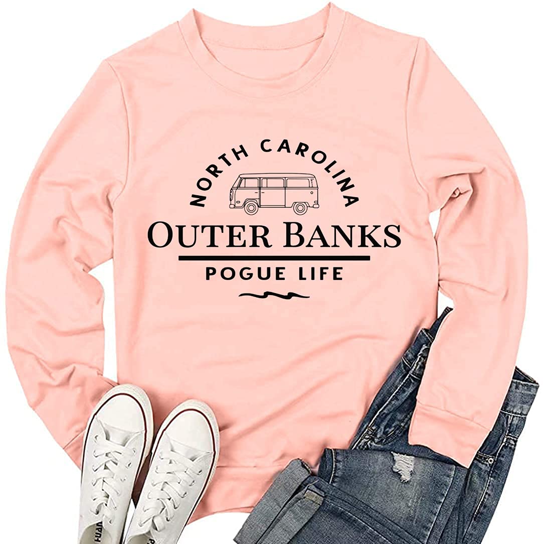 Women Pogue Life Outer Banks Sweatshirt Surf Van T-Shirt Funny Letter Print Long Sleeve Pullover Top Shirt (Pink, XL)