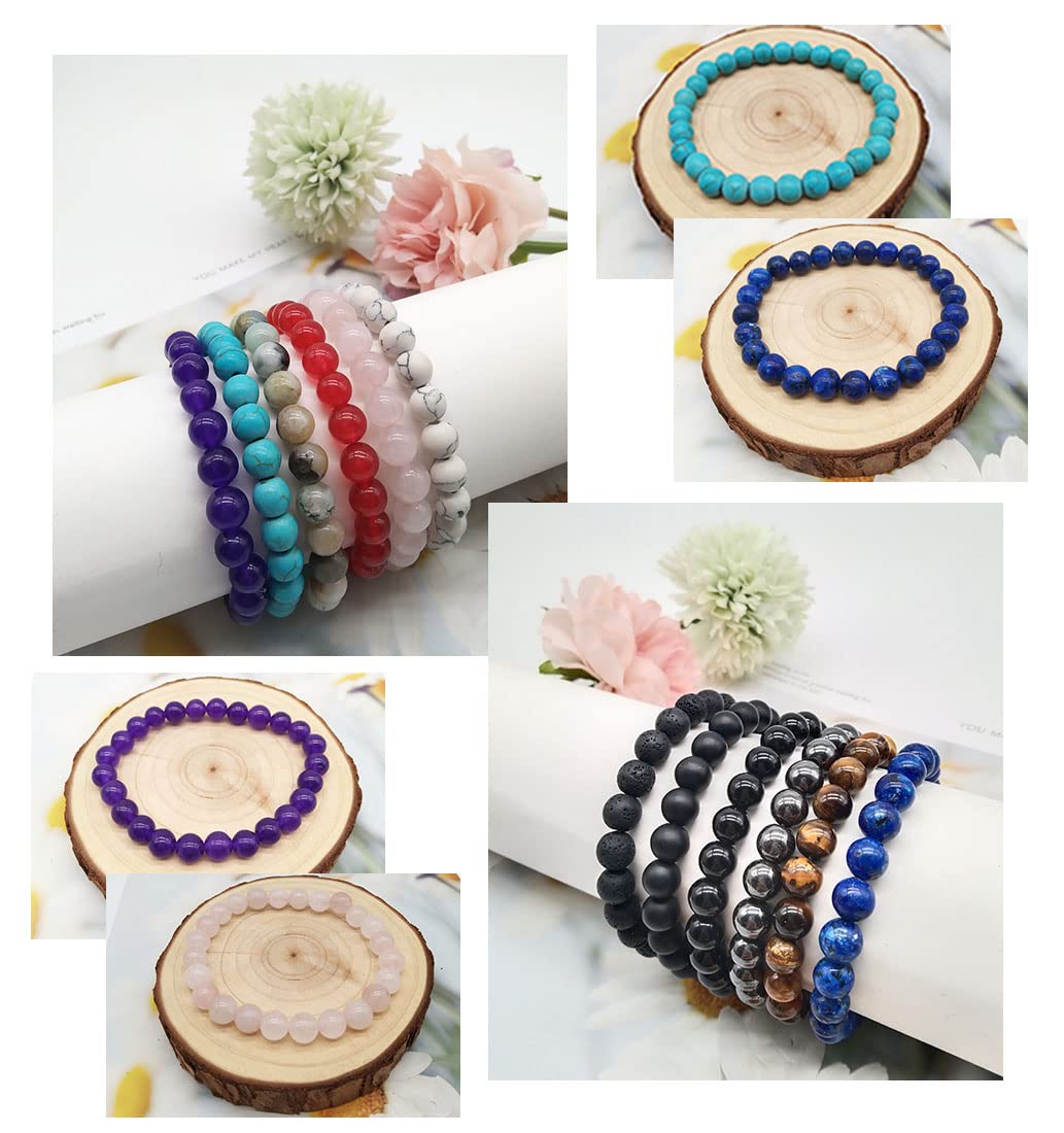 WAINIS 12 Pcs 8mm Gemstones Beaded Bracelets for Men Women Stone Bead Stretch Round Bead Crystal Semi-precious Bracelets Unisex
