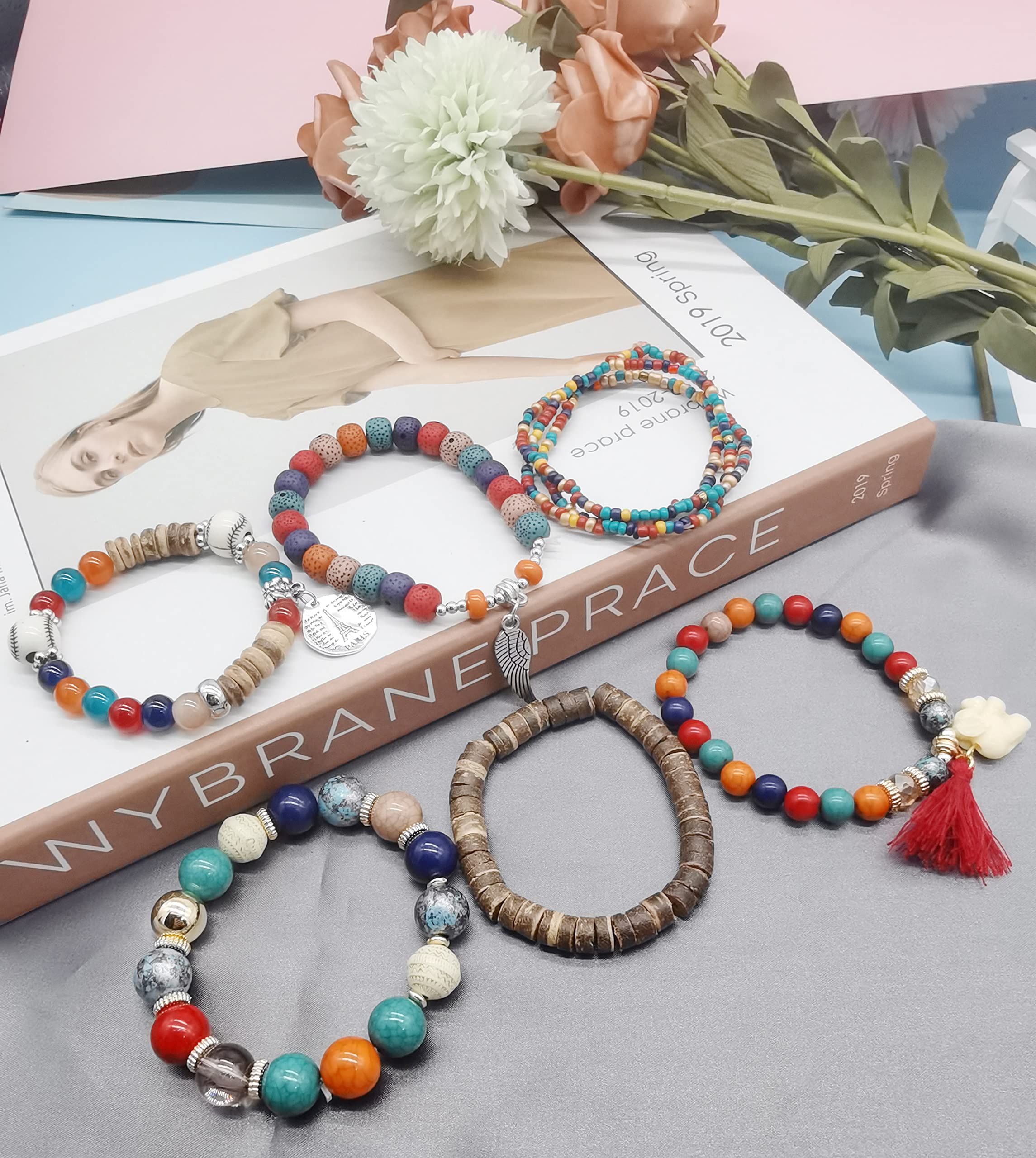 WAINIS 9 Pack Bohemian Stackable Bead Bracelets for Women Elephant Tree of Life Wings Boho Stretch Multilayered Bracelet Set Multicolor Jewelry Bulk